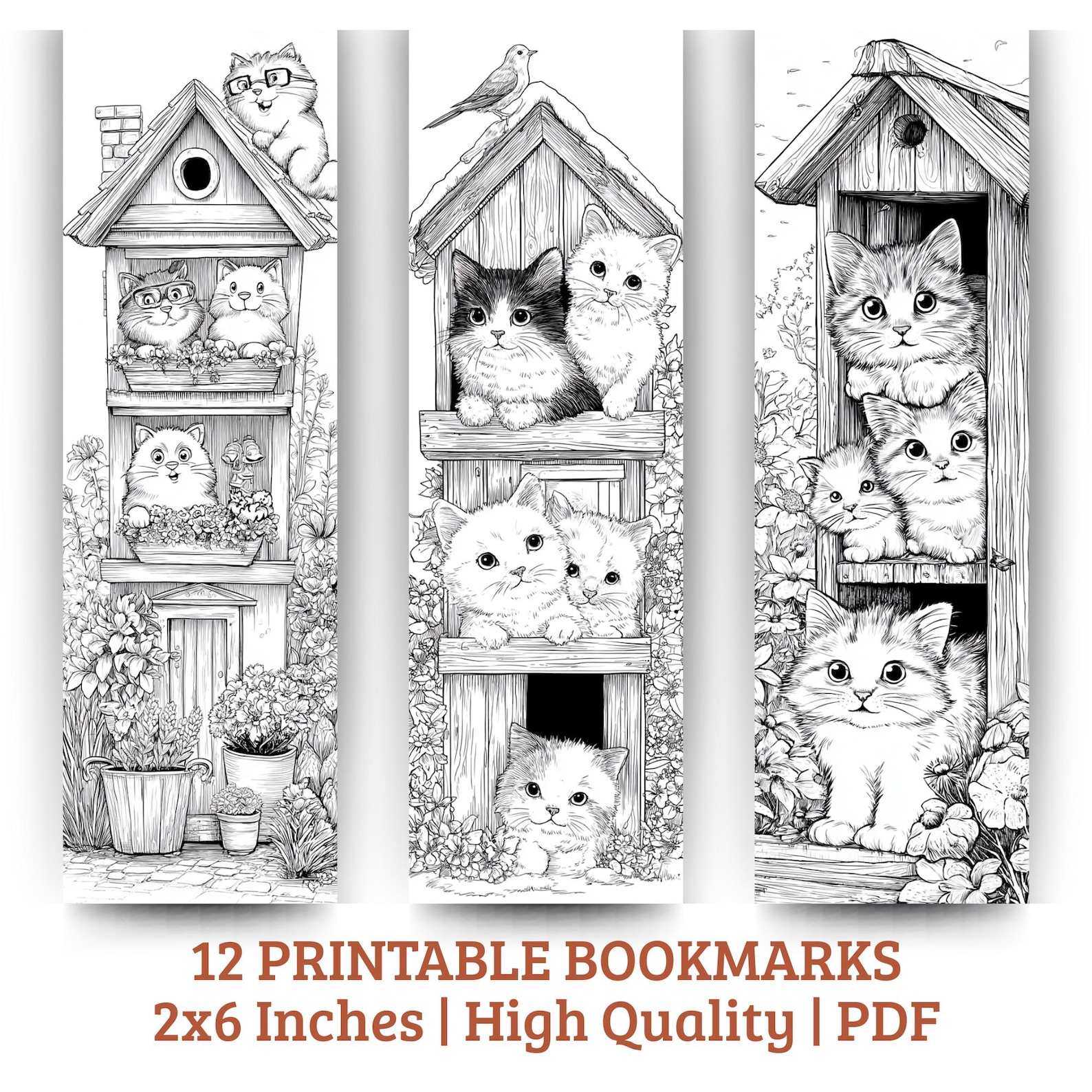 Cat House Coloring Bookmarks: Printable Black & White Designs (PDF ...