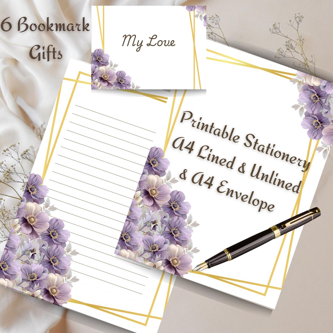 Printable Stationery Set, Purple Floral Writing Paper, Elegant Letter ...
