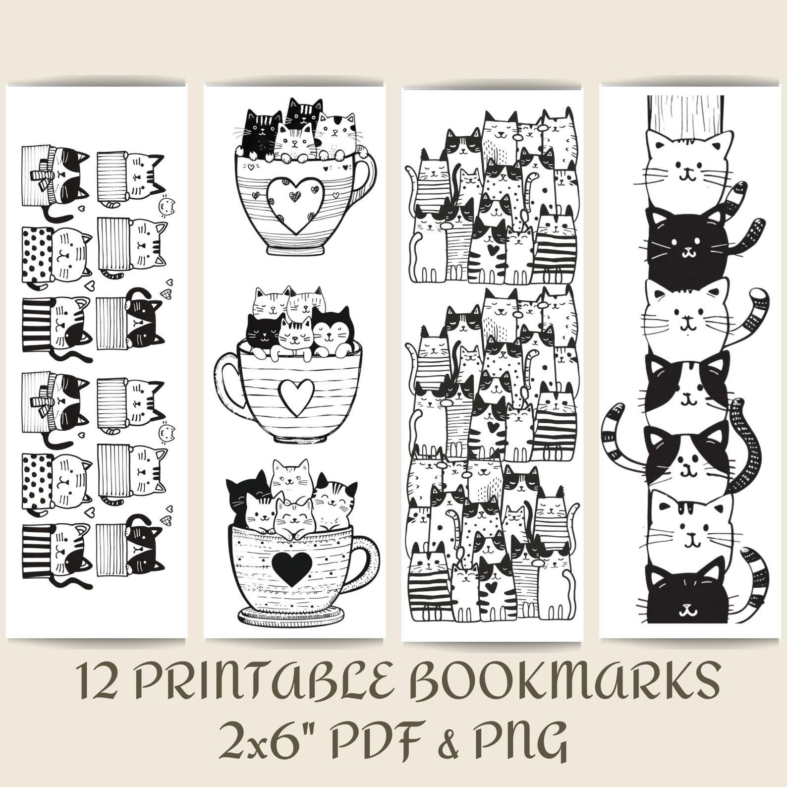 12 Printable Cat Bookmarks for Coloring: Cute Digital Designs for Book ...
