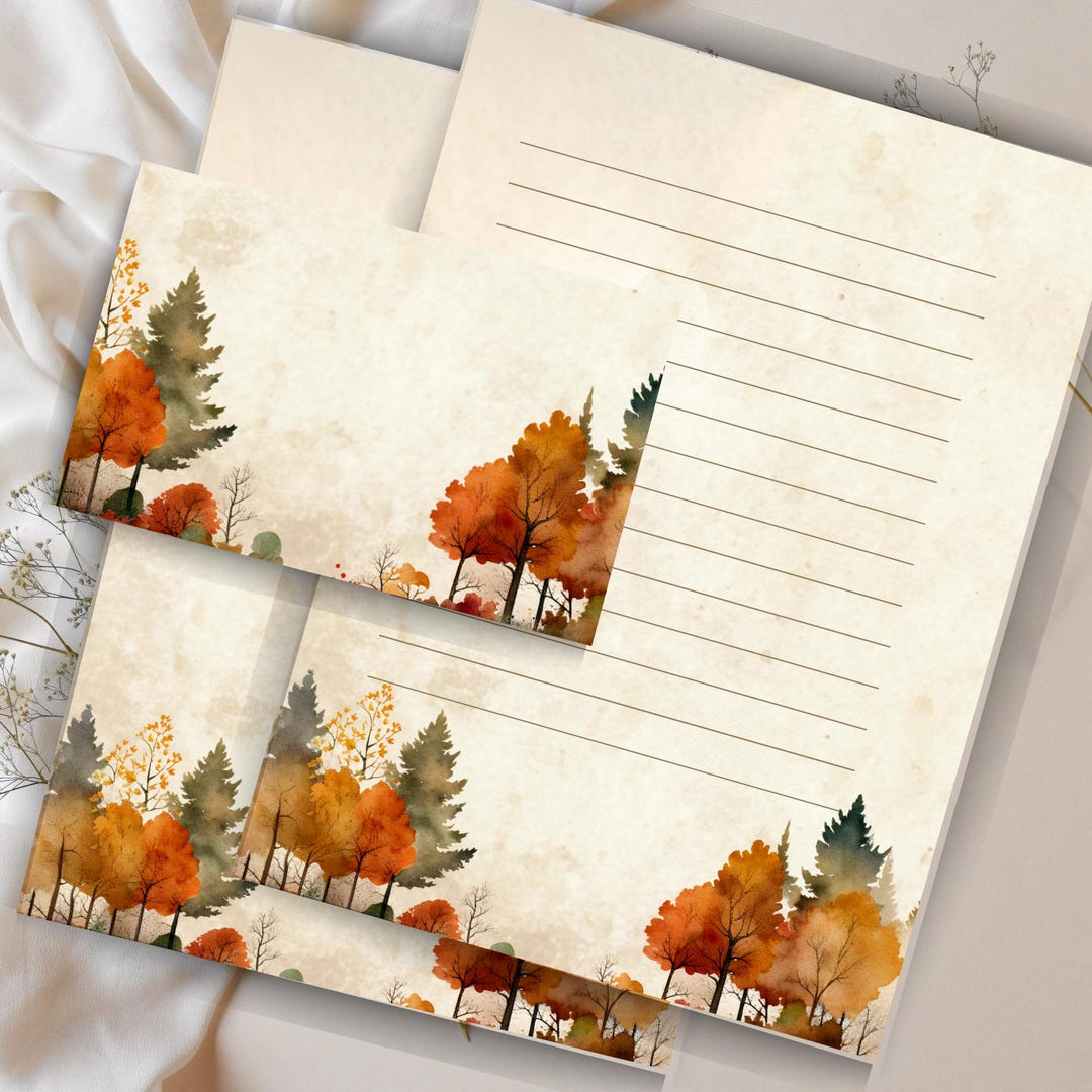 Autumn Forest Stationery Set: Watercolor Trees, Lined & Unlined ...