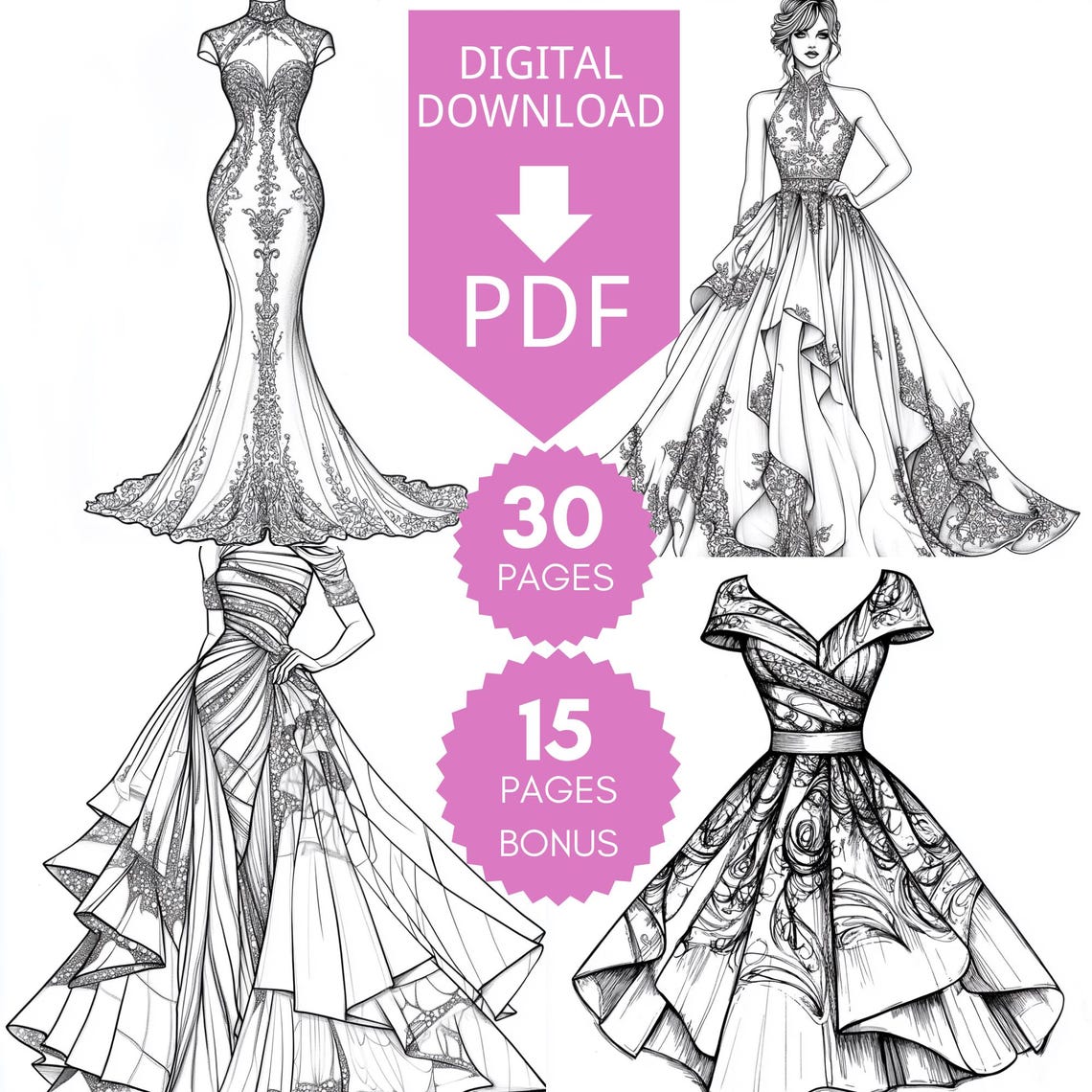 Evening Dress Coloring Pages Fashion Coloring Pages for Adults 15 Page ...