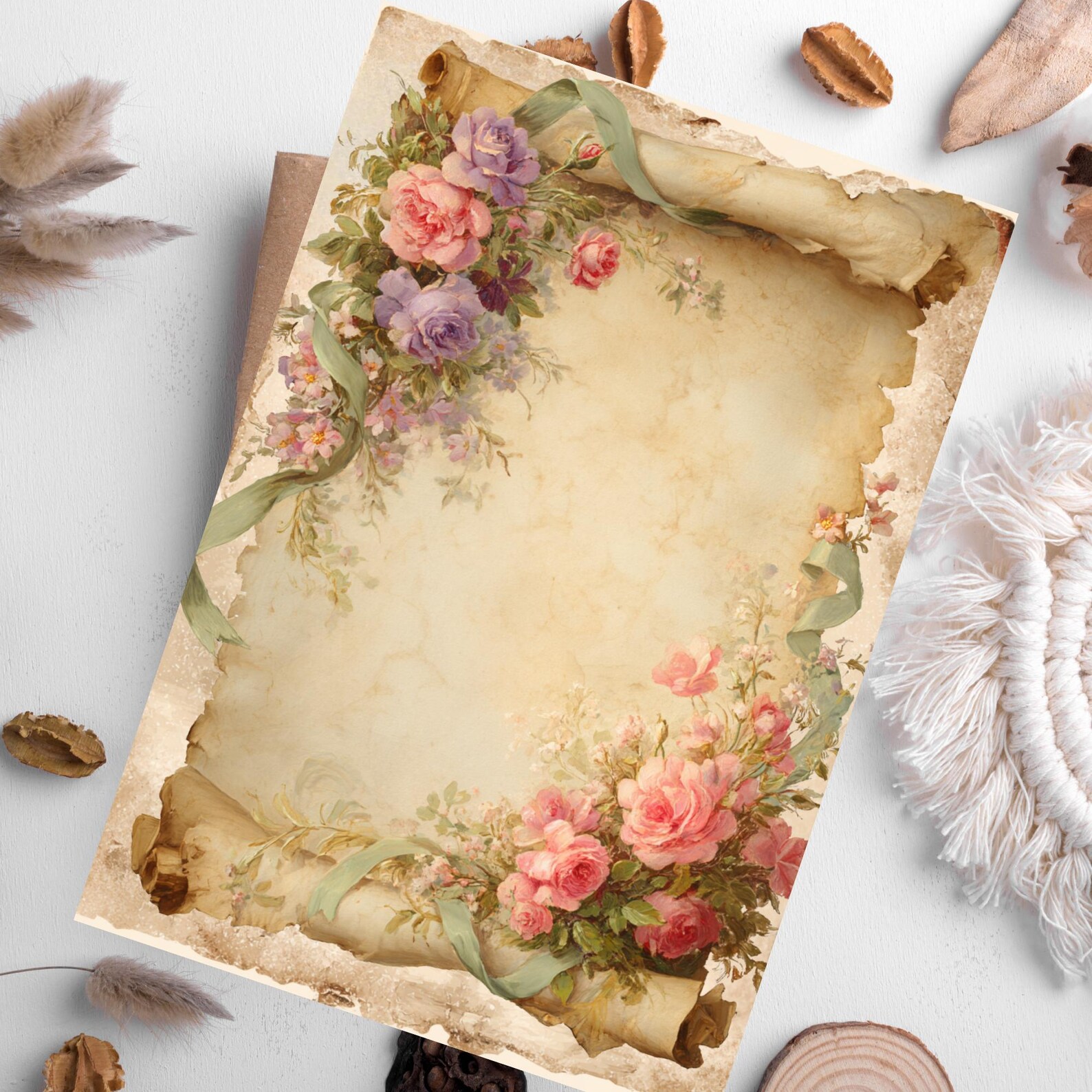 Vintage Rose Letter Writing Paper: Antique Scroll Design (PNG + PDF) - Etsy