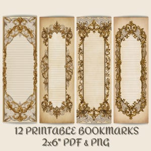 12 Vintage Printable Bookmarks, Elegant Ornate Frames, Floral & Gold ...