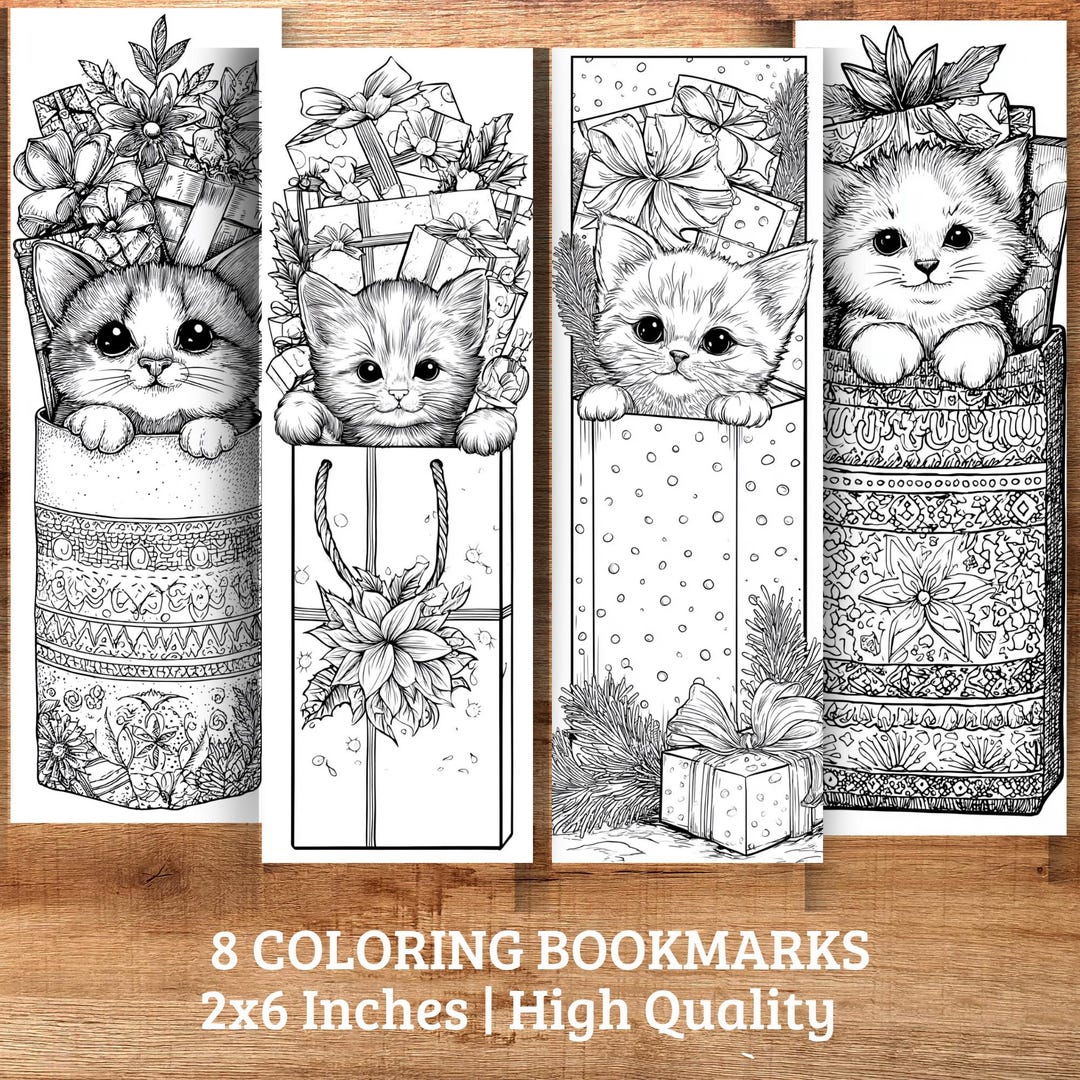 Kitten Christmas Coloring Bookmarks – 8 Printable Holiday Bookmarks ...