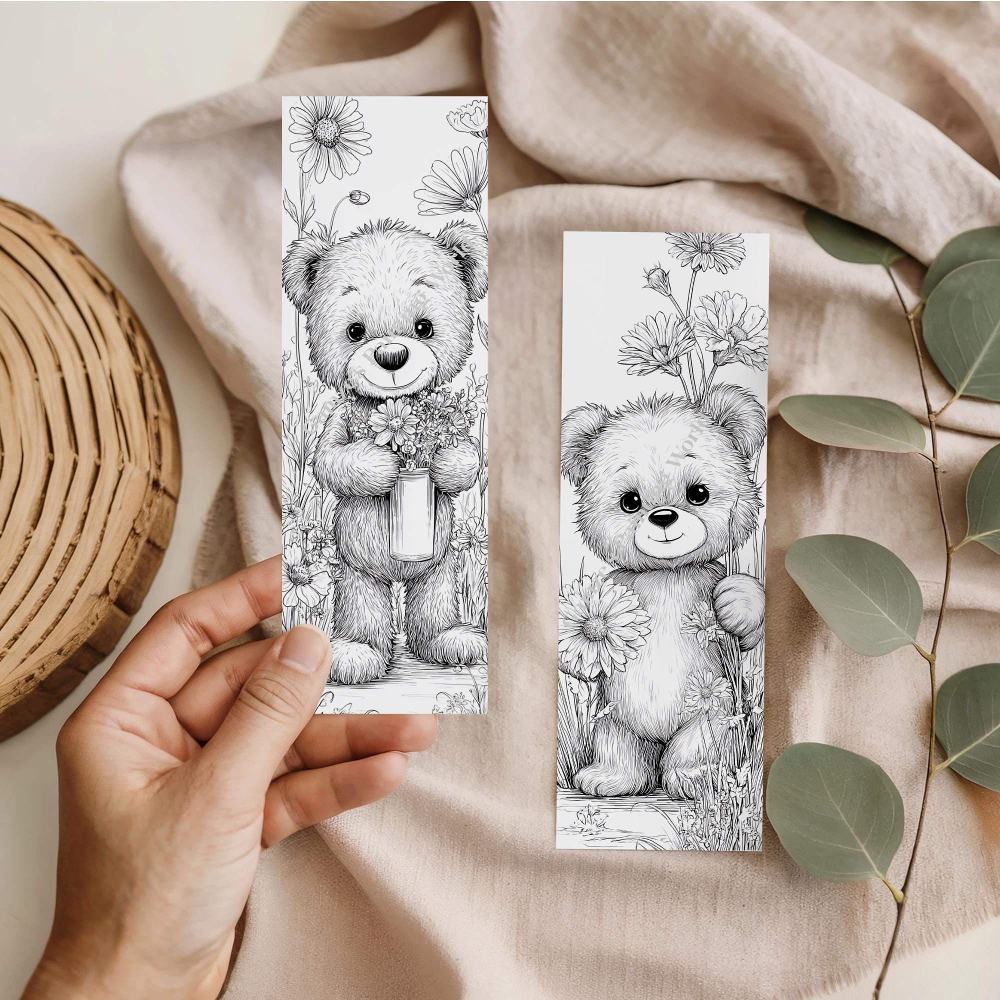 Teddy Bear Coloring Bookmarks | Floral Kids Craft (PDF Printable Set of ...