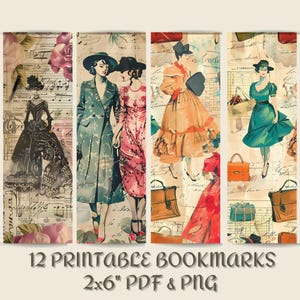 Vintage Fashion Printable Bookmarks, 12 Digital Bookmarks, 2x6” PNG ...