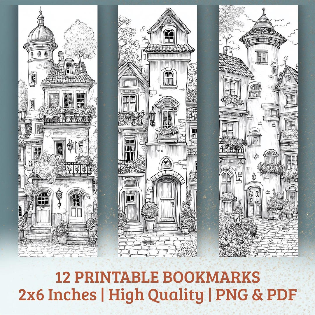 European Village Coloring Bookmarks Printable, 12 Colorable House ...