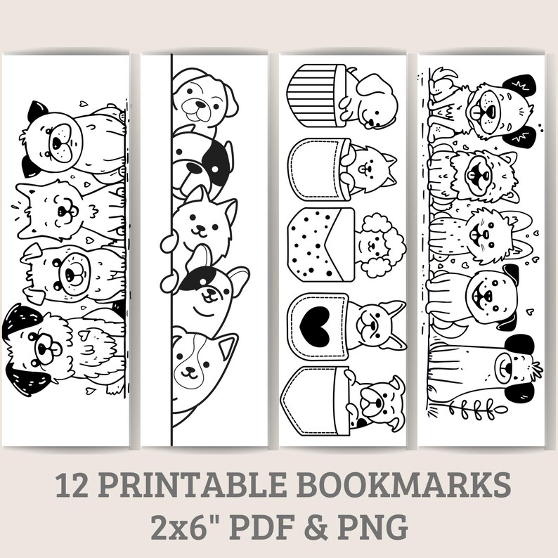12 Coloring Dogs Printable Bookmarks, Dogs Printable Bookmarks Set ...