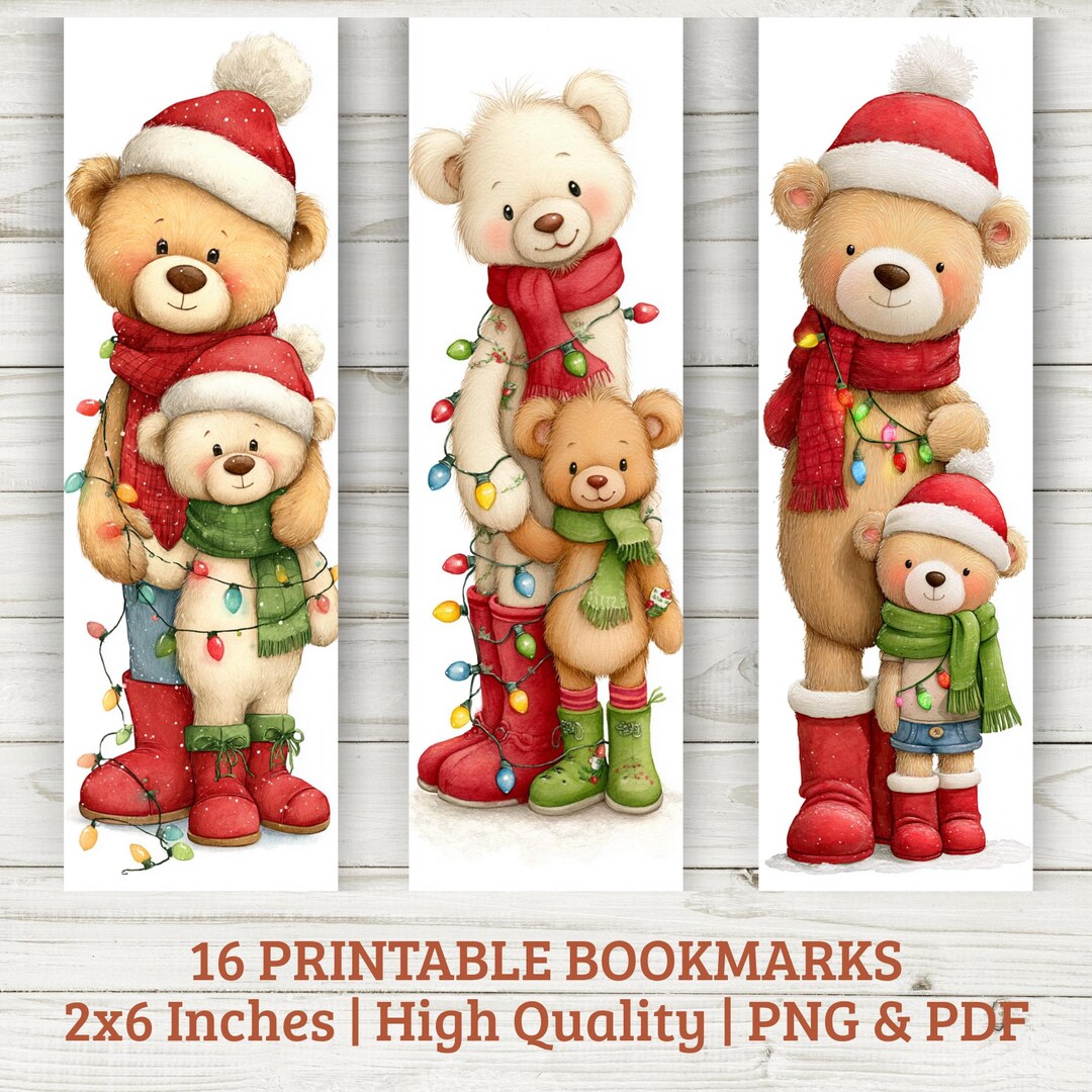 Christmas Teddy Bear Bookmarks | Watercolor Holiday Designs (digital ...