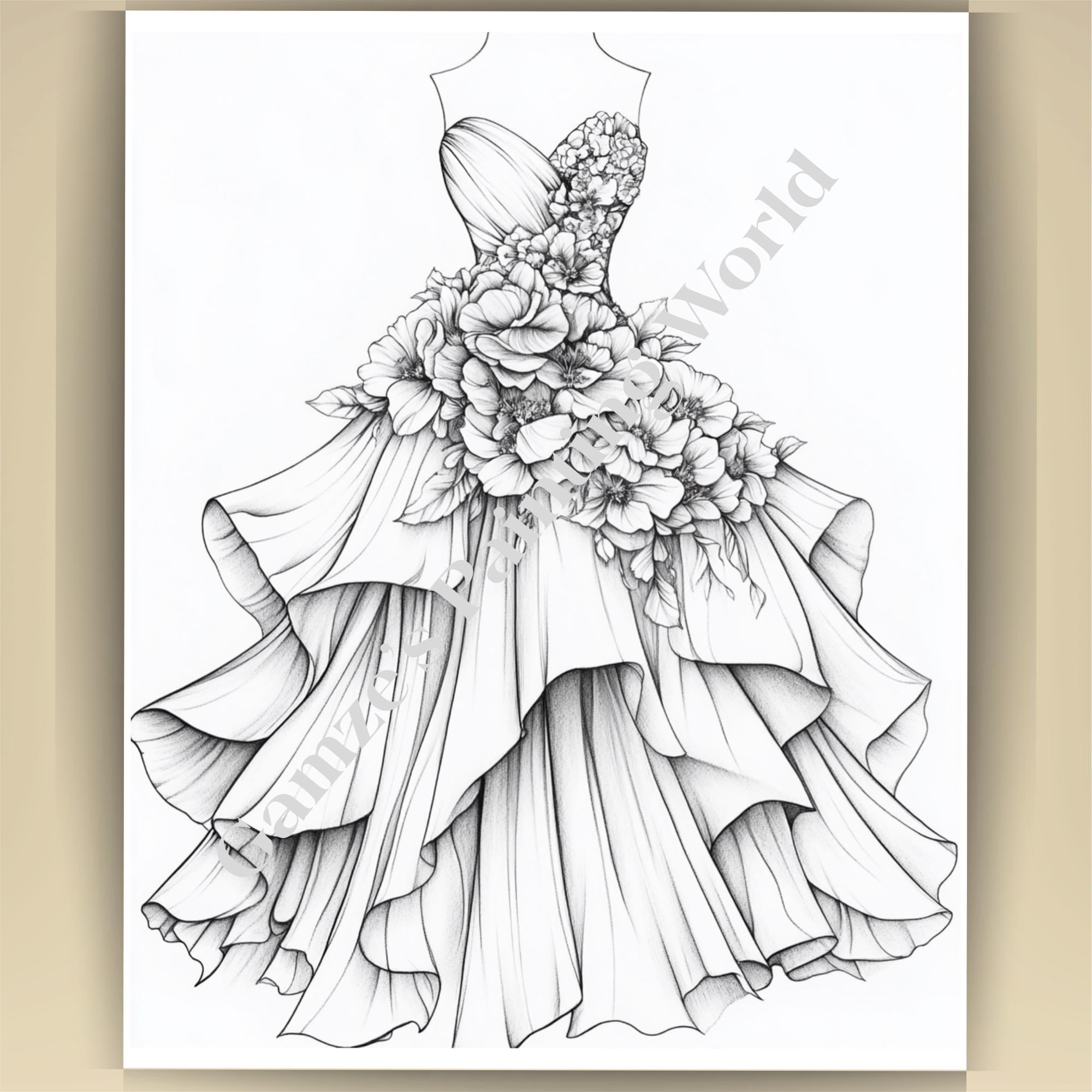 Elegant Floral Gown Coloring Book: 55 Fashion Illustrations for Adult ...