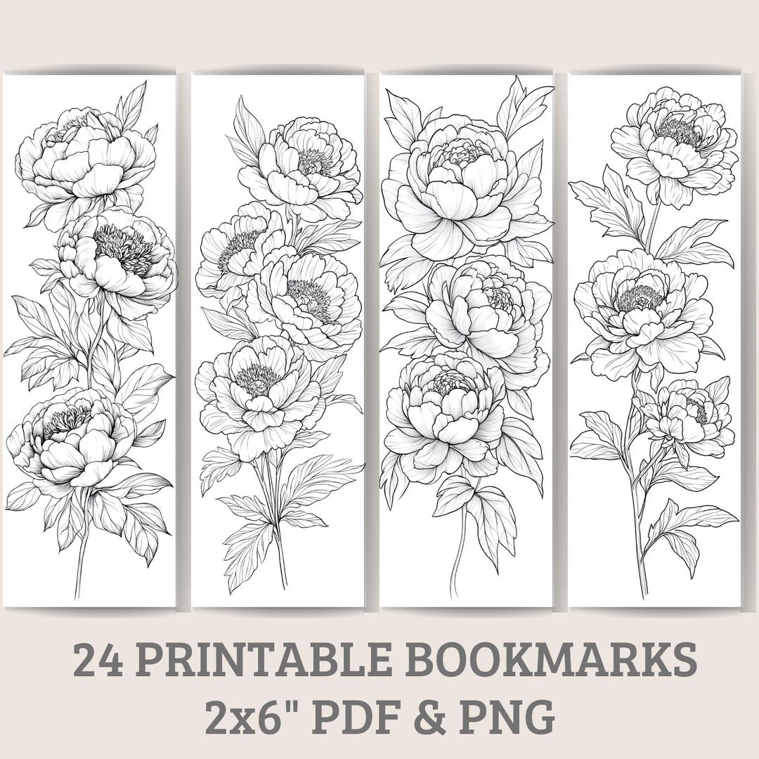 Elegant Flower Coloring Bookmarks, 24 Printable Floral Bookmarks+4 ...