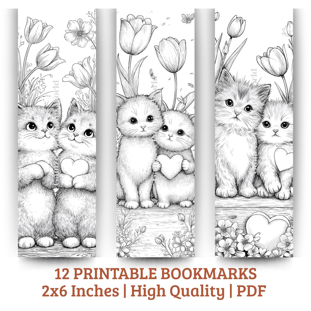 12 Printable Cat Coloring Bookmarks | Cute Kitten Floral Bookmarks 2x6 ...