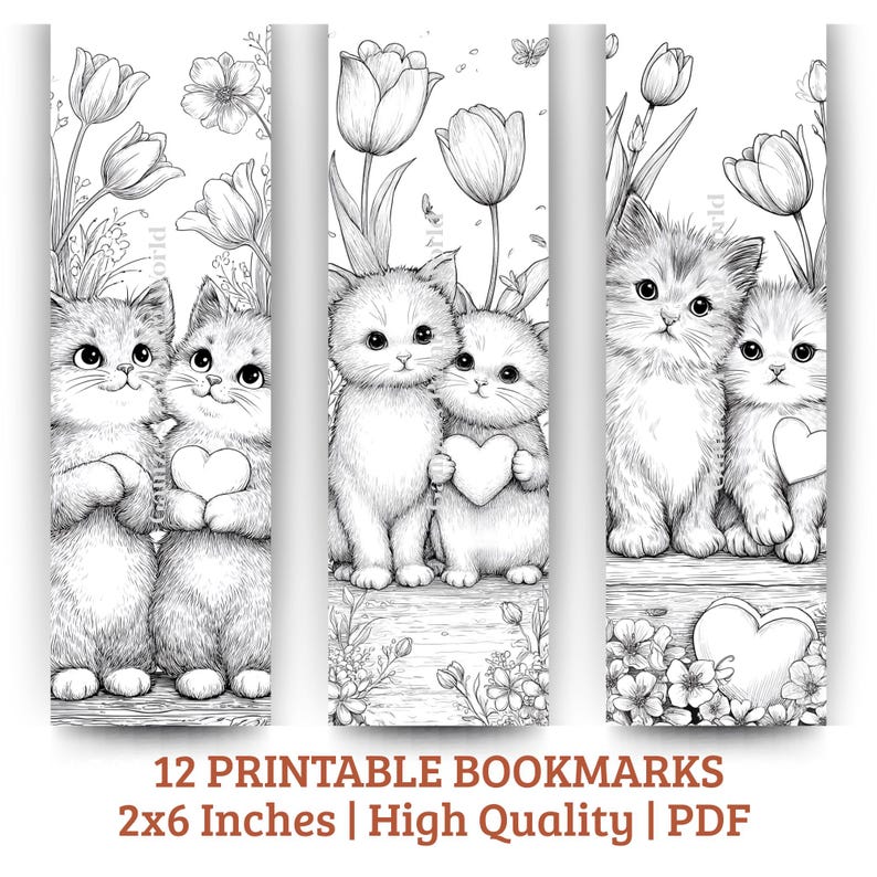 12 Printable Cat Coloring Bookmarks | Cute Kitten Floral Bookmarks 2x6 ...