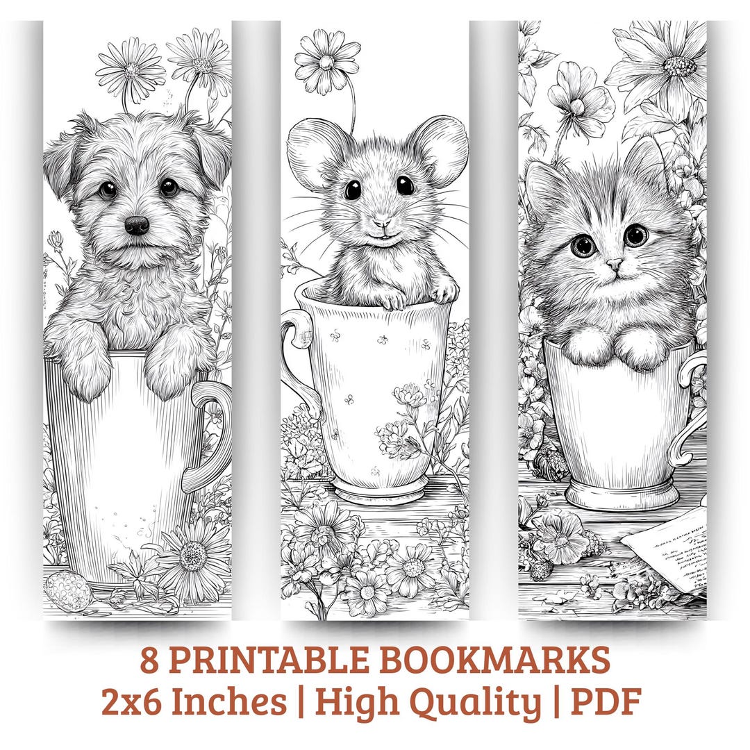 8 Cute Animal Coloring Bookmarks Printable, Puppy Kitten Mouse ...