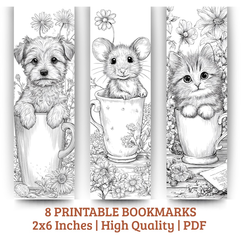 8 Cute Animal Coloring Bookmarks Printable, Puppy Kitten Mouse ...