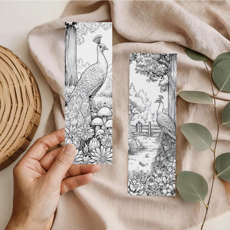 Printable Peacock Coloring Bookmarks | Bird & Floral Bookmarks 2x6 ...