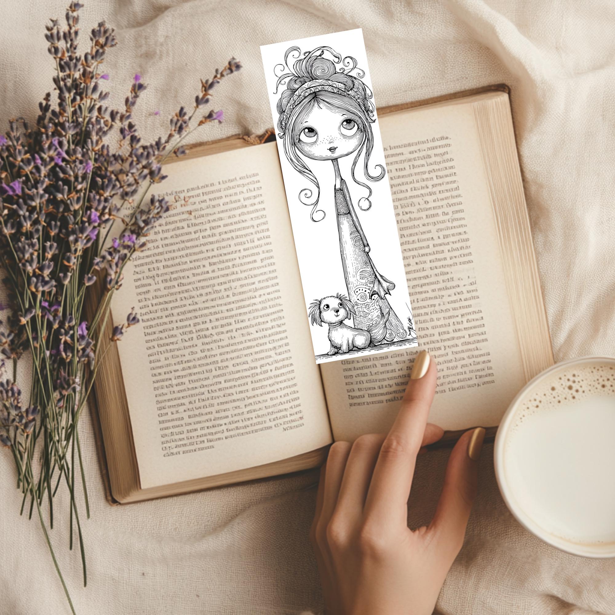 Coloring Bookmarks Whimsical Girl & Animal, Printable Bookmarks Set ...