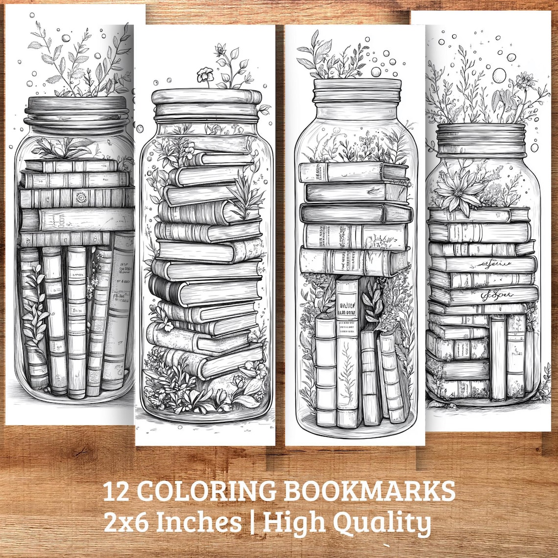 Coloring Bookmarks – Printable Book Jar Set, Adult Digital DIY Gift ...