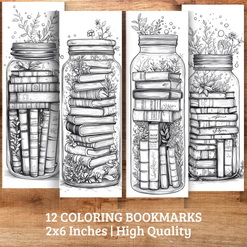 Coloring Bookmarks – Printable Book Jar Set, Adult Digital DIY Gift ...