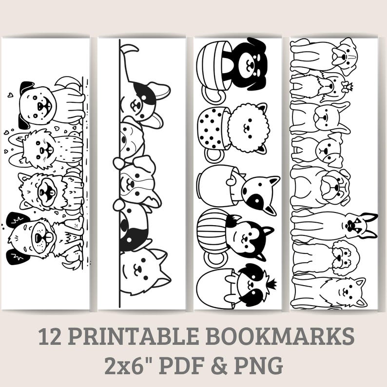 12 Coloring Dogs Printable Bookmarks, Dogs Printable Bookmarks Set ...