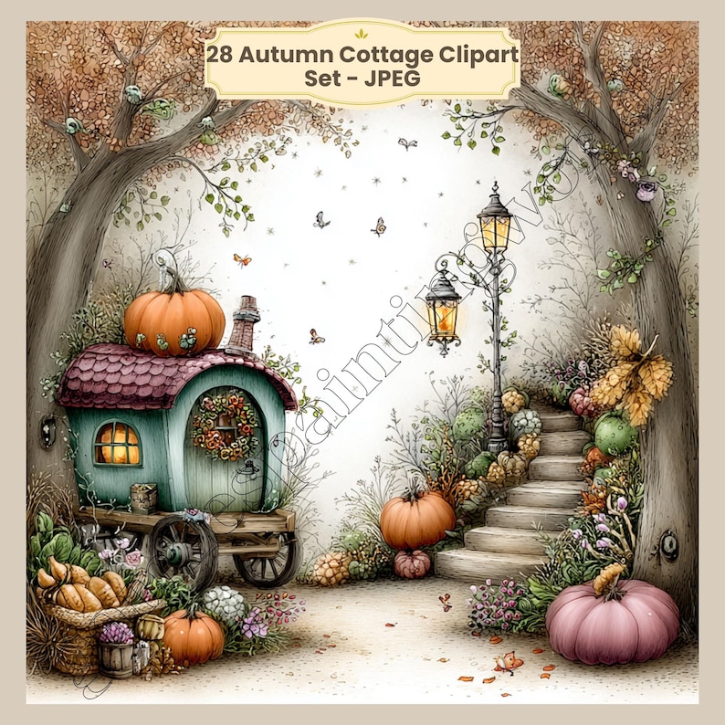 Whimsical Cottagecore Autumn Clipart Set, Pumpkin House (JPG) - Etsy