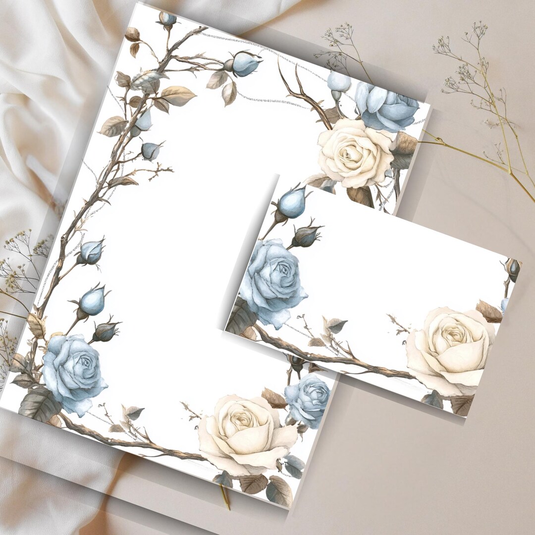 Beige Blue Climbing Rose Letter Set, Printable Stationery Kit, A4 Lined ...