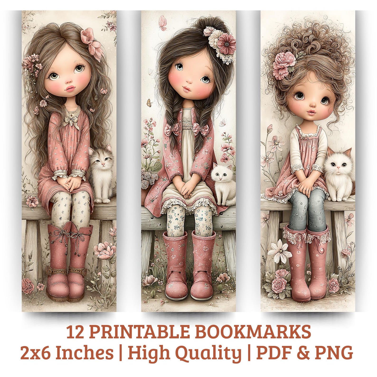 Whimsical Girl Printable Bookmarks – 12 Cute Watercolor Girl & Cat ...
