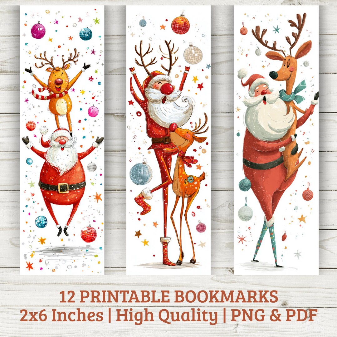 Whimsical Santa & Reindeer Bookmarks – 12 Funny Christmas Printable ...