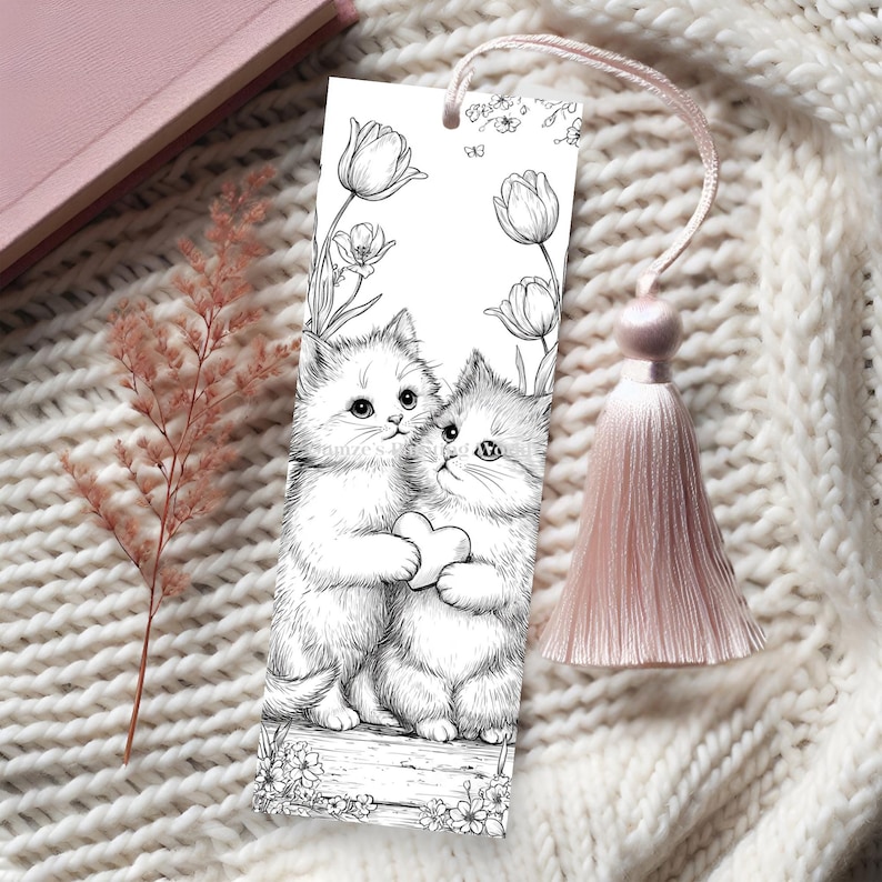12 Printable Cat Coloring Bookmarks | Cute Kitten Floral Bookmarks 2x6 ...