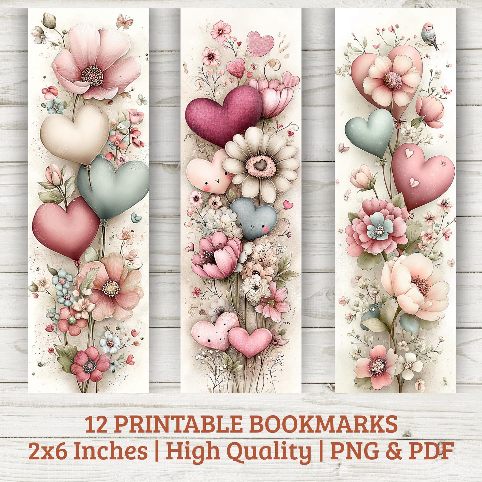 Heart Floral Bookmarks | Pastel Valentine Printable Set (PDF + PNG) - Etsy