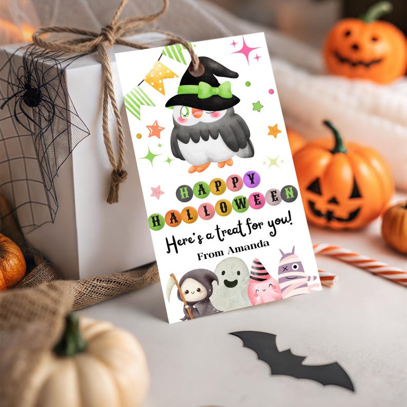 Halloween Gift Tags: Owl & Monster Treat, Printable Canva Template ...