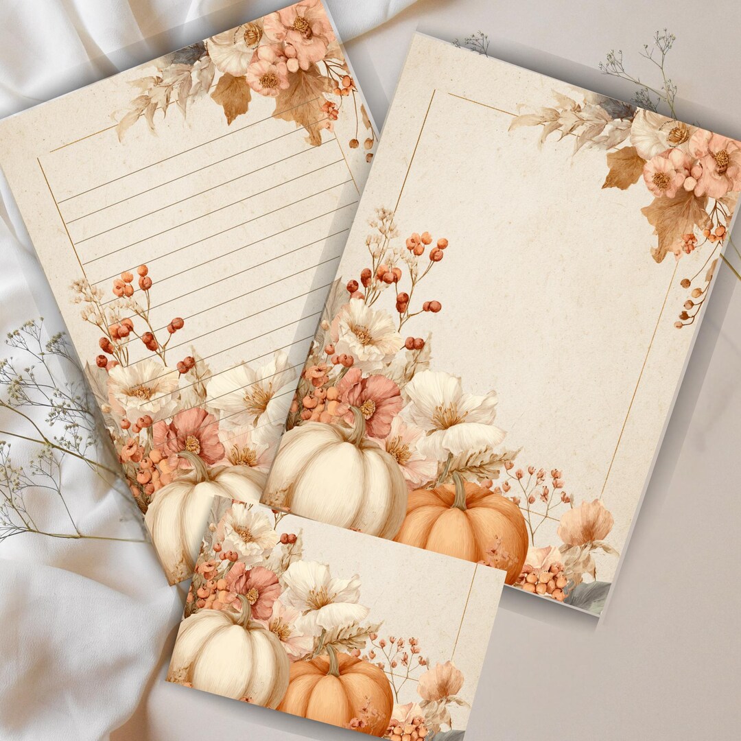 Autumn Harvest Letter Writing Set – Watercolor Pumpkin Floral ...