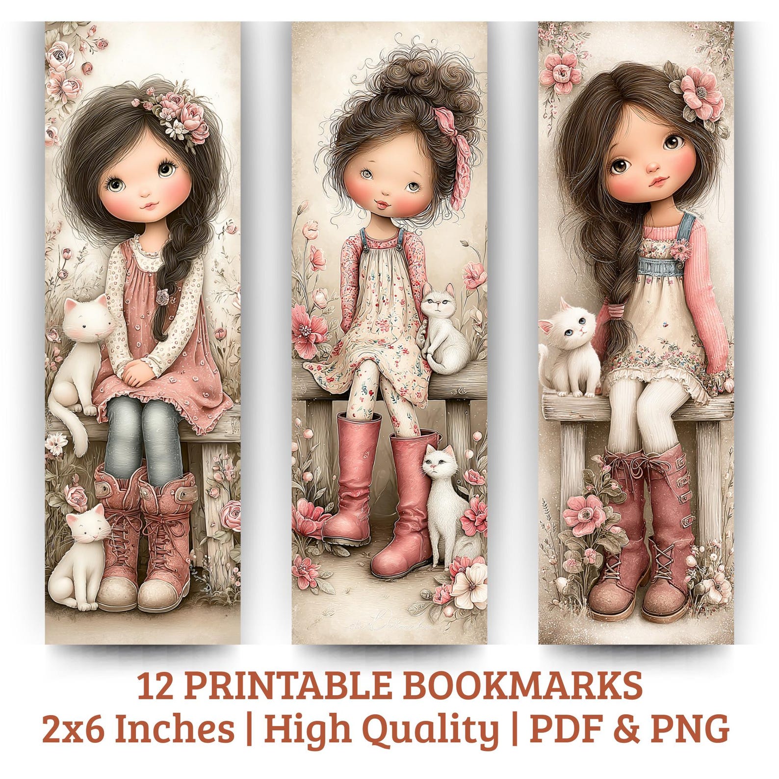 Whimsical Girl Printable Bookmarks – 12 Cute Watercolor Girl & Cat ...
