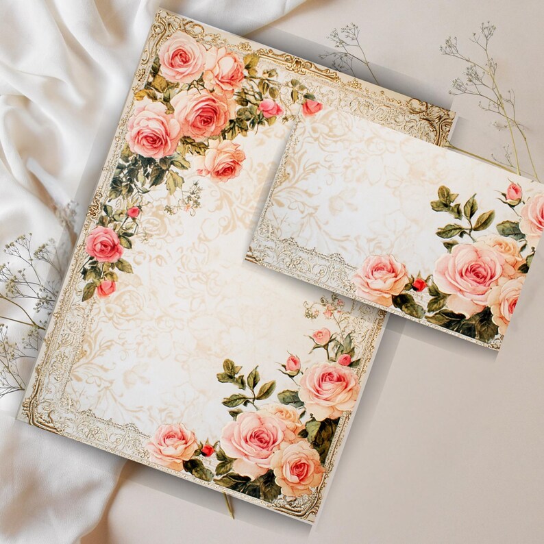 Printable Vintage Rose Parchment Letter Writing Set, Stationery Lined ...