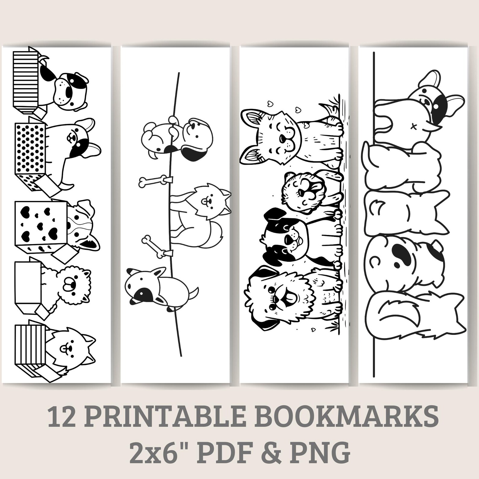 12 Coloring Dogs Printable Bookmarks, Dogs Printable Bookmarks Set ...