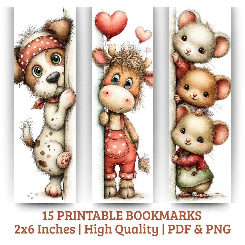 Whimsical Animal Bookmarks | 15 Set, 2x6 Inches (PDF PNG Download) - Etsy