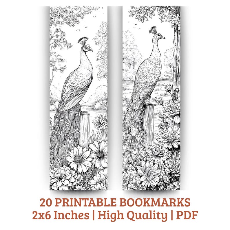 Printable Peacock Coloring Bookmarks | Bird & Floral Bookmarks 2x6 ...