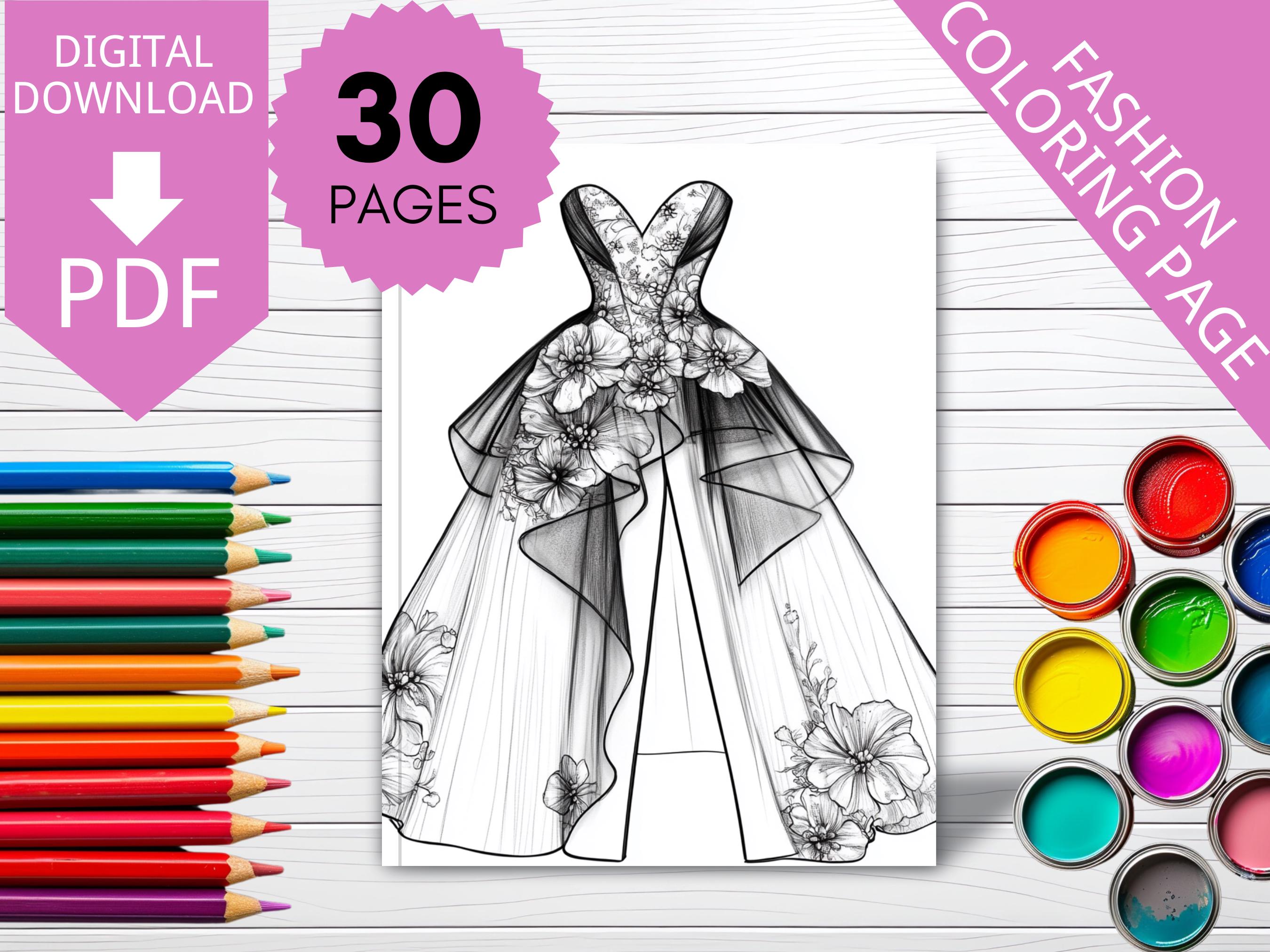 Evening Dress Coloring Pages Fashion Coloring Pages for Adults 3 Page ...