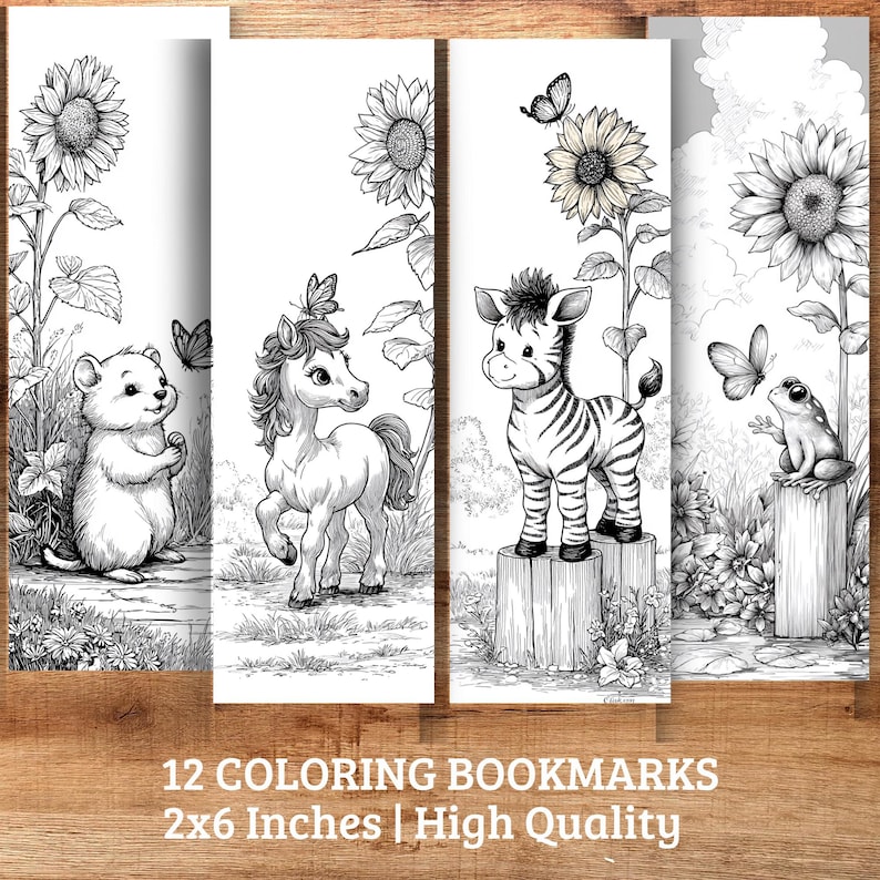 Printable Animal Coloring Bookmarks 2x6" for Kids & Adults - Black and ...