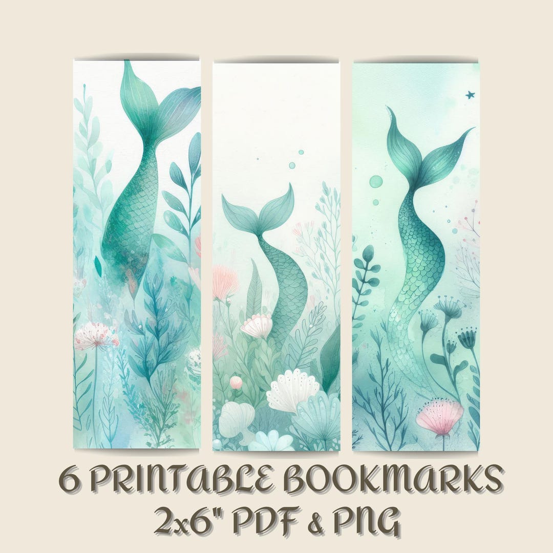 Mermaid Bookmarks, Printable Bookmarks, 6 Digital Bookmarks, 2x6” PNG ...