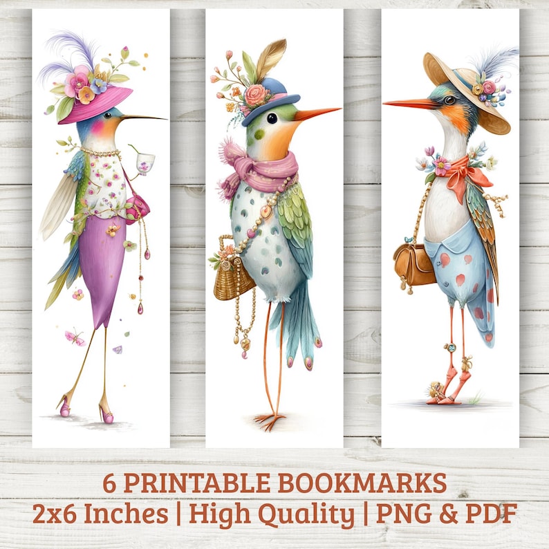 Whimsical Fashion Hummingbird Bookmarks – 6 Elegant Watercolor ...