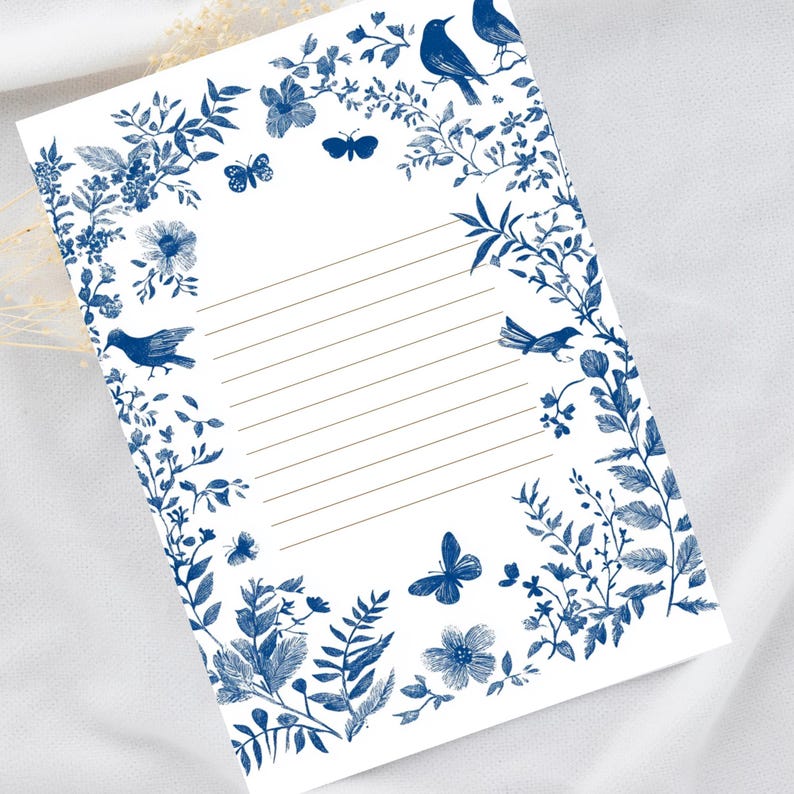 Elegant Blue Botanical A4 Printable Letter Writing Set: Lined/unlined ...