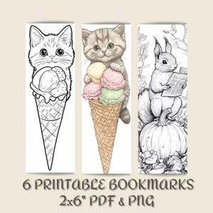 6 Cute Animal Coloring Bookmarks, 2x6 Printable DIY Bookmarks, Black ...
