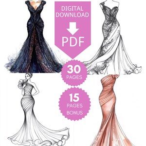 Evening Dress Coloring Pages Fashion Coloring Pages for Adults 15 Page ...
