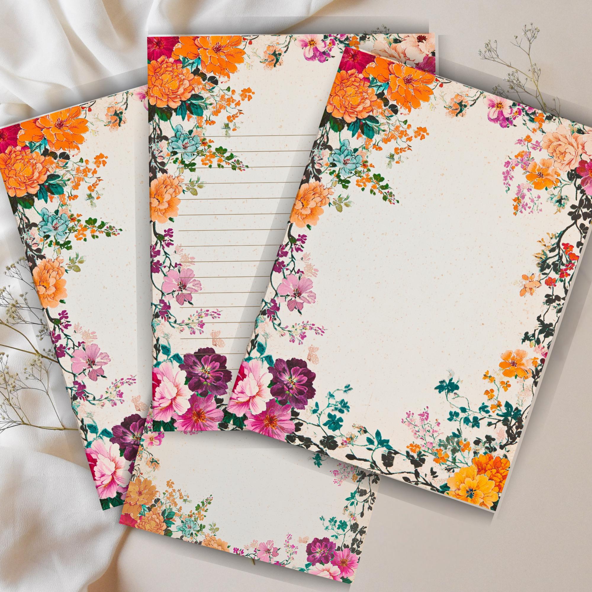 Vibrant Watercolor Floral Printable Stationery Set: Lined & Unlined ...