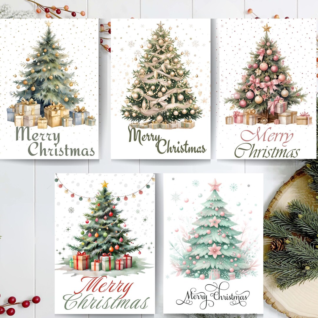 Christmas Tree Card Set: 5x7 Printable Holiday Cards (PNG & PDF ...
