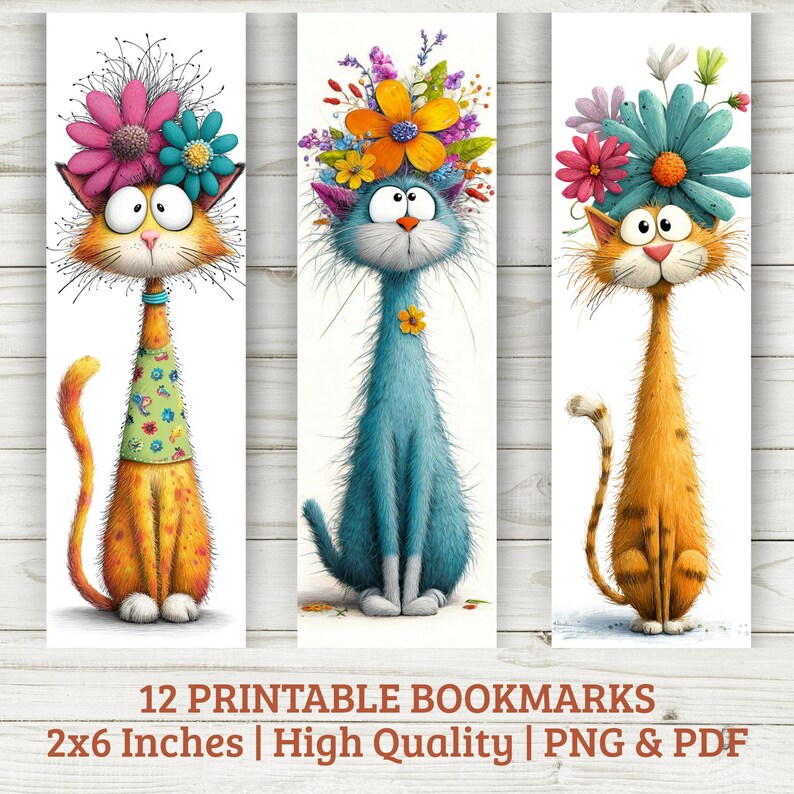 Cartoon Cat Bookmarks - 12 Floral Designs (PDF + PNG) - Etsy