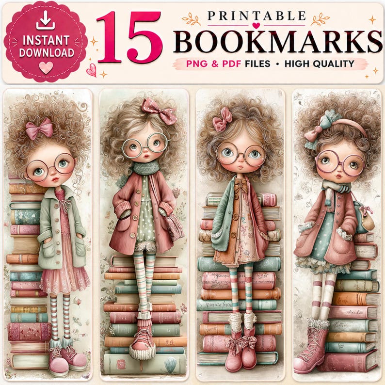 Whimsical Girl Bookmarks – Rainbow Books, Watercolor Designs (PNG & PDF ...