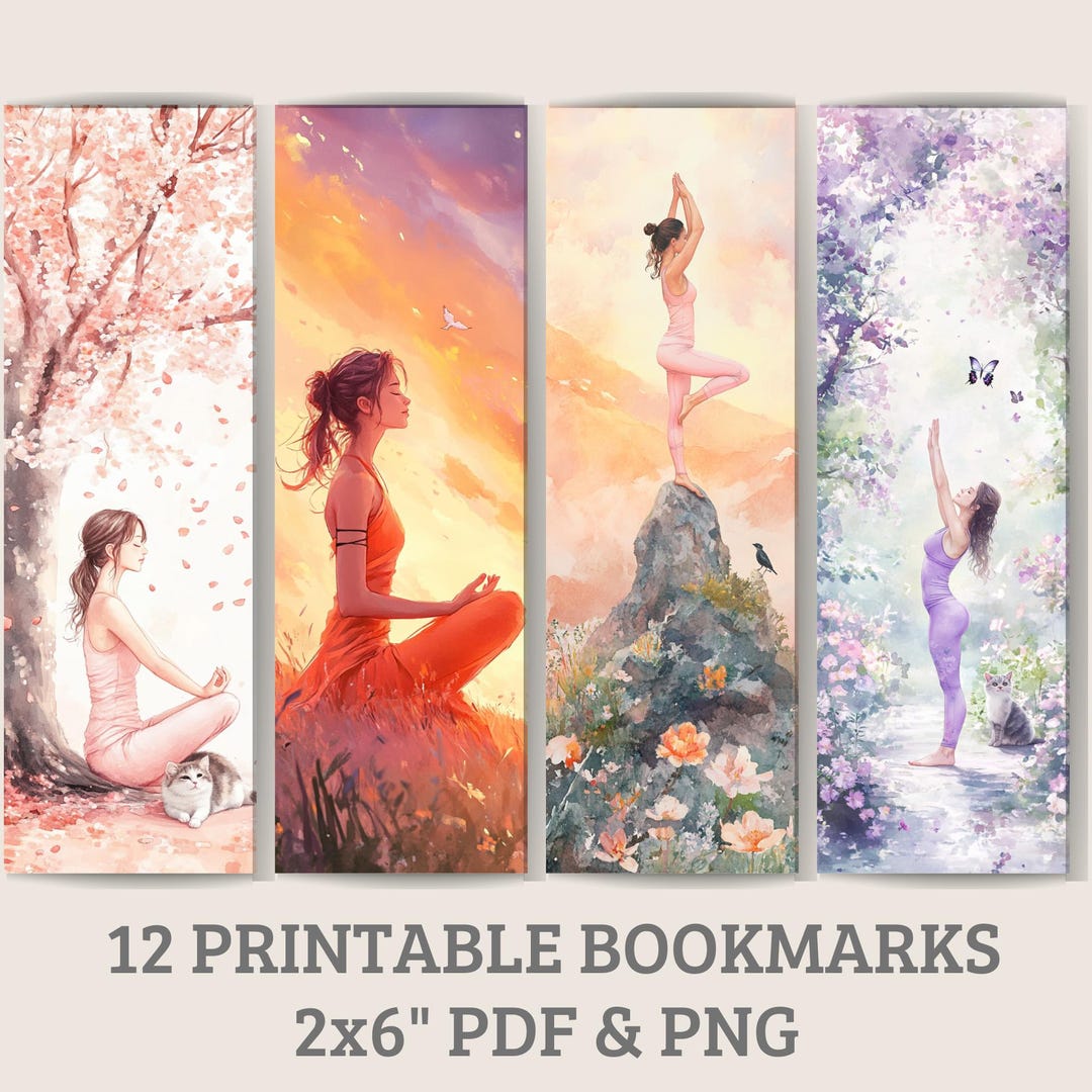 Yoga Bookmarks, 12 Printable Bookmarks, 2x6” PNG & PDF, Cozy Zen ...