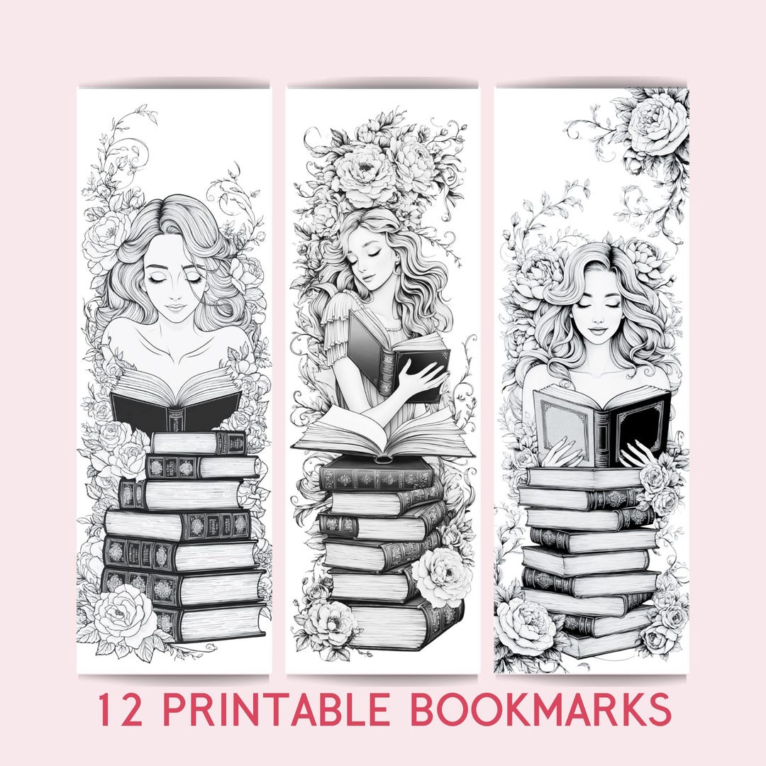 12 Floral Book Lover Coloring Page, Printable Bookmarks Packs, Bookmark ...